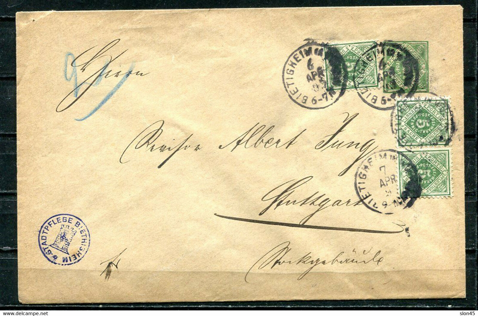Germany 1893 Uprated Postal Stationary Cover 5pf Bietigheim- Stuttgard ...