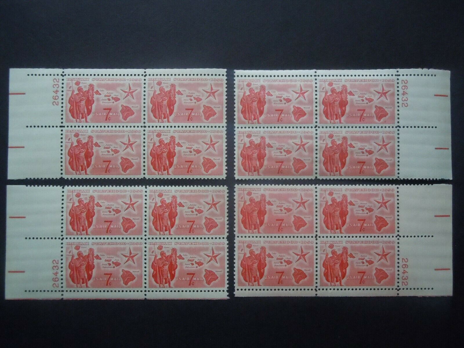 1959 #C55 7c Hawaii Statehood Plate Block #26432 Matched Set MNH OG VF ...