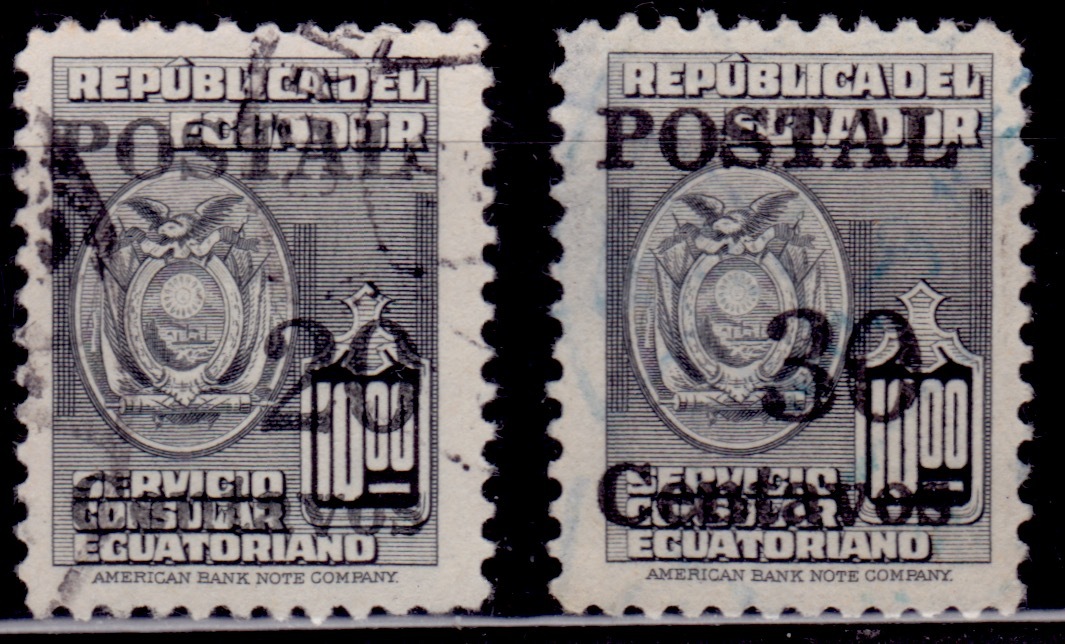 Ecuador, 1953, Consular Service Stamps overprinted "Postal" with ...