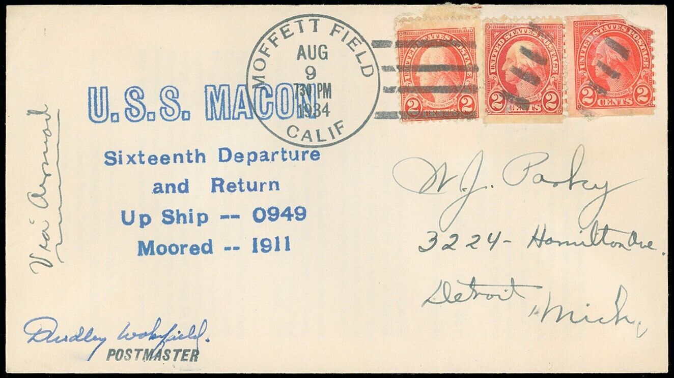 8/9/34 USS Macon 16th DEPARTURE & RETURN, UP SHIP -- 0949, Moored 1911 ...