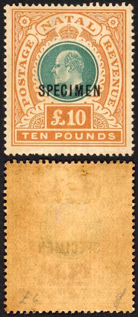 Natal SG145s TEN Pound Postage Revenue opt SPECIMEN (toned) Cat 475 ...