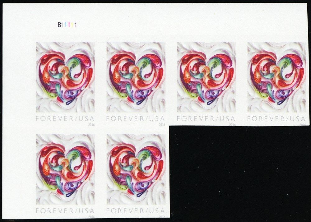 5036 Imperforate Block ERROR Quilted Hearts With PL# B11111 - Stuart ...