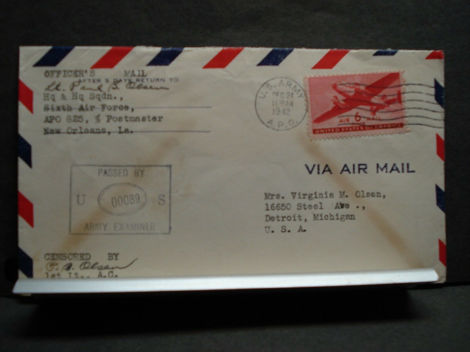 APO 825 ALBROOK FIELD, CANAL ZONE 1942 Censored WWII Army Cover 6th AIR ...