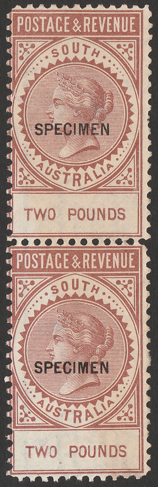 SOUTH AUSTRALIA 1886 QV Postage & Revenue £2 pair, SPECIMEN. normal cat ...