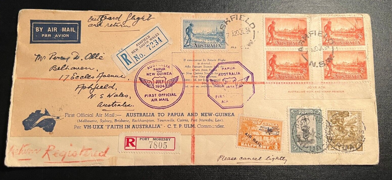 1934 Registered Australia Papua New Guinea Dual Postage FFC Cover ...