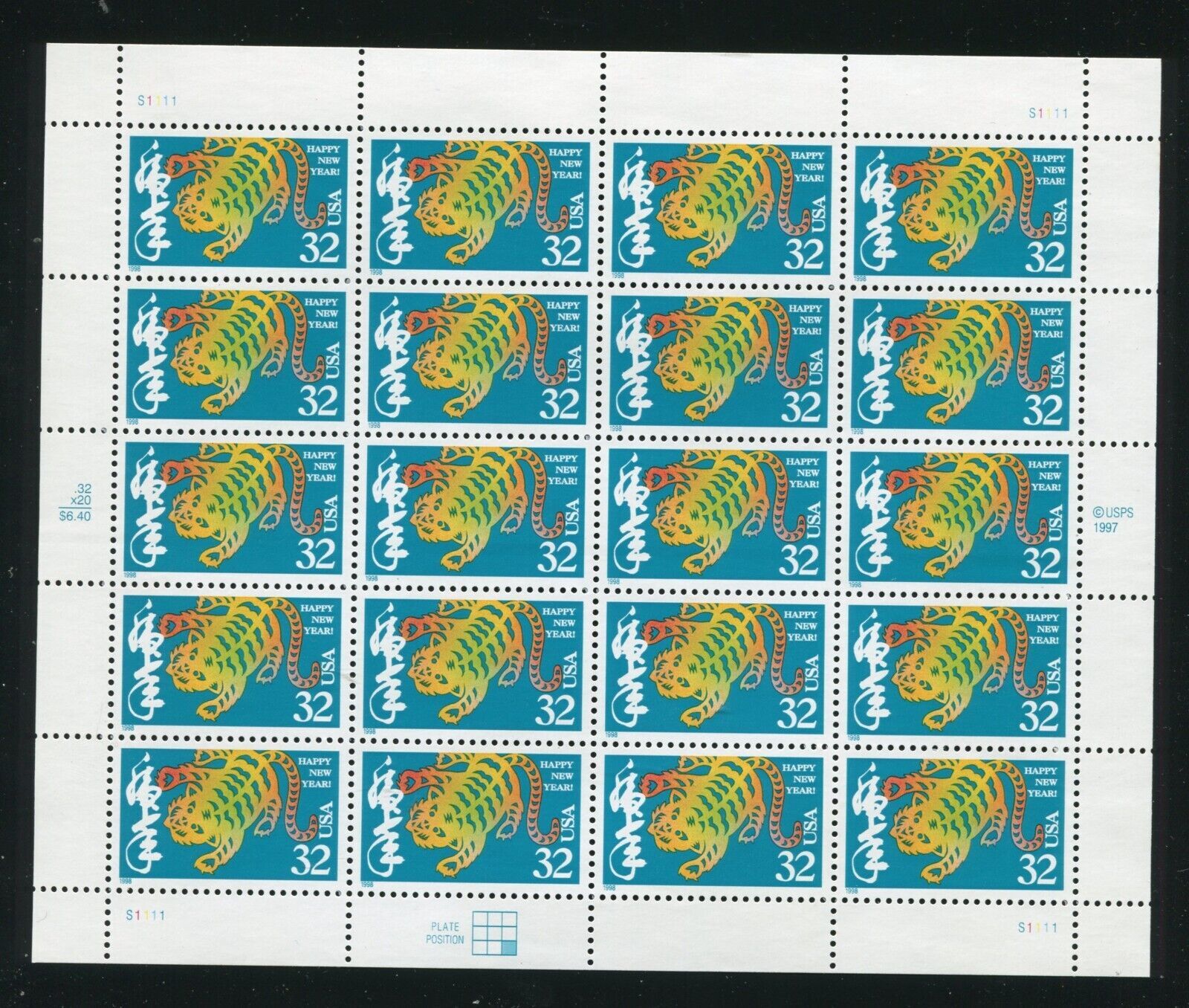 3179 Chinese Lunar New Year of the Tiger Sheet of 20 32¢ Stamps 1997 ...