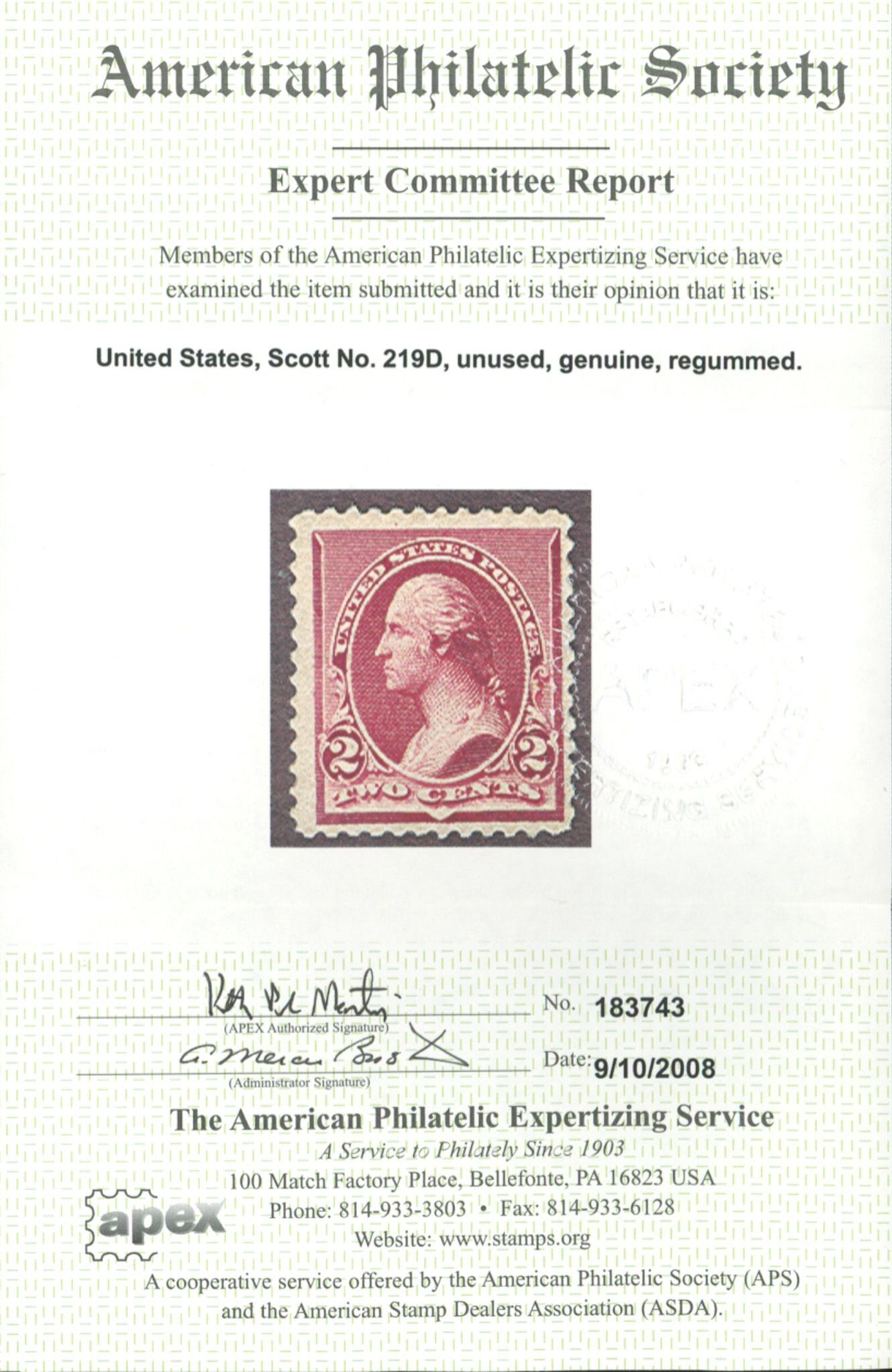 U.S. #219D Mint With APS Cert | United States, General Issue Stamp ...
