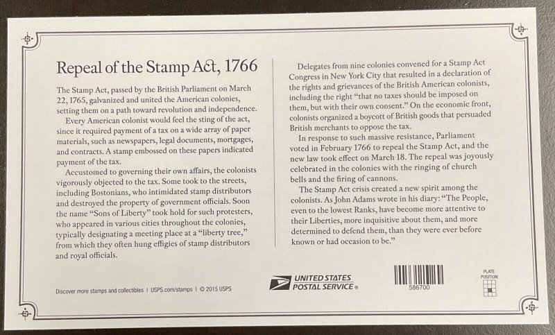 5064 Repeal of the Stamp Act 1766 MNH Sheet of 10 Forever stamps FV $6. ...