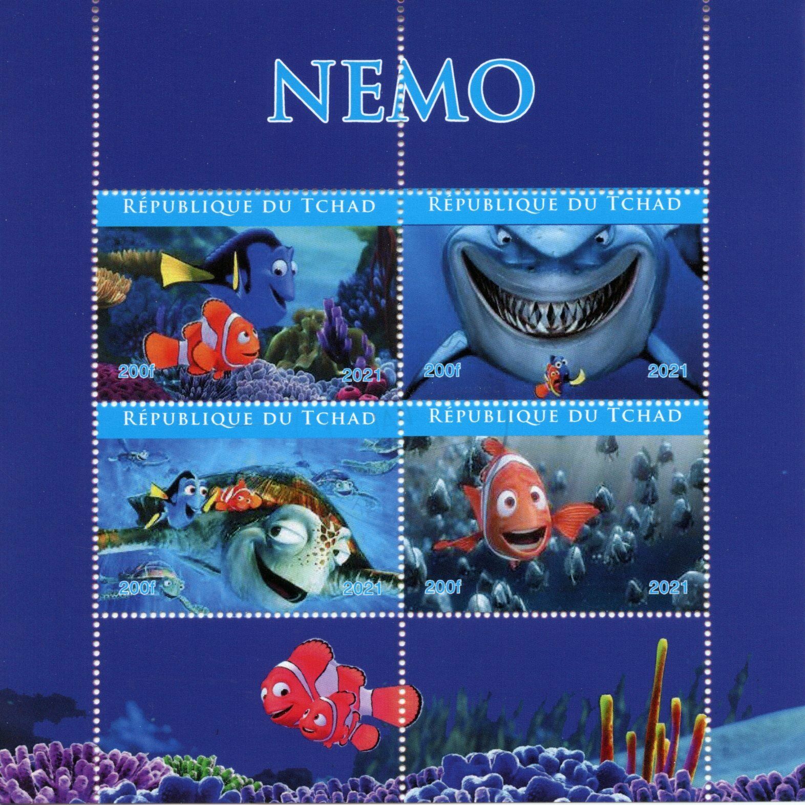 Chad Disney Pixar Stamps 2021 CTO Nemo Dory Crush Turtles Sharks ...