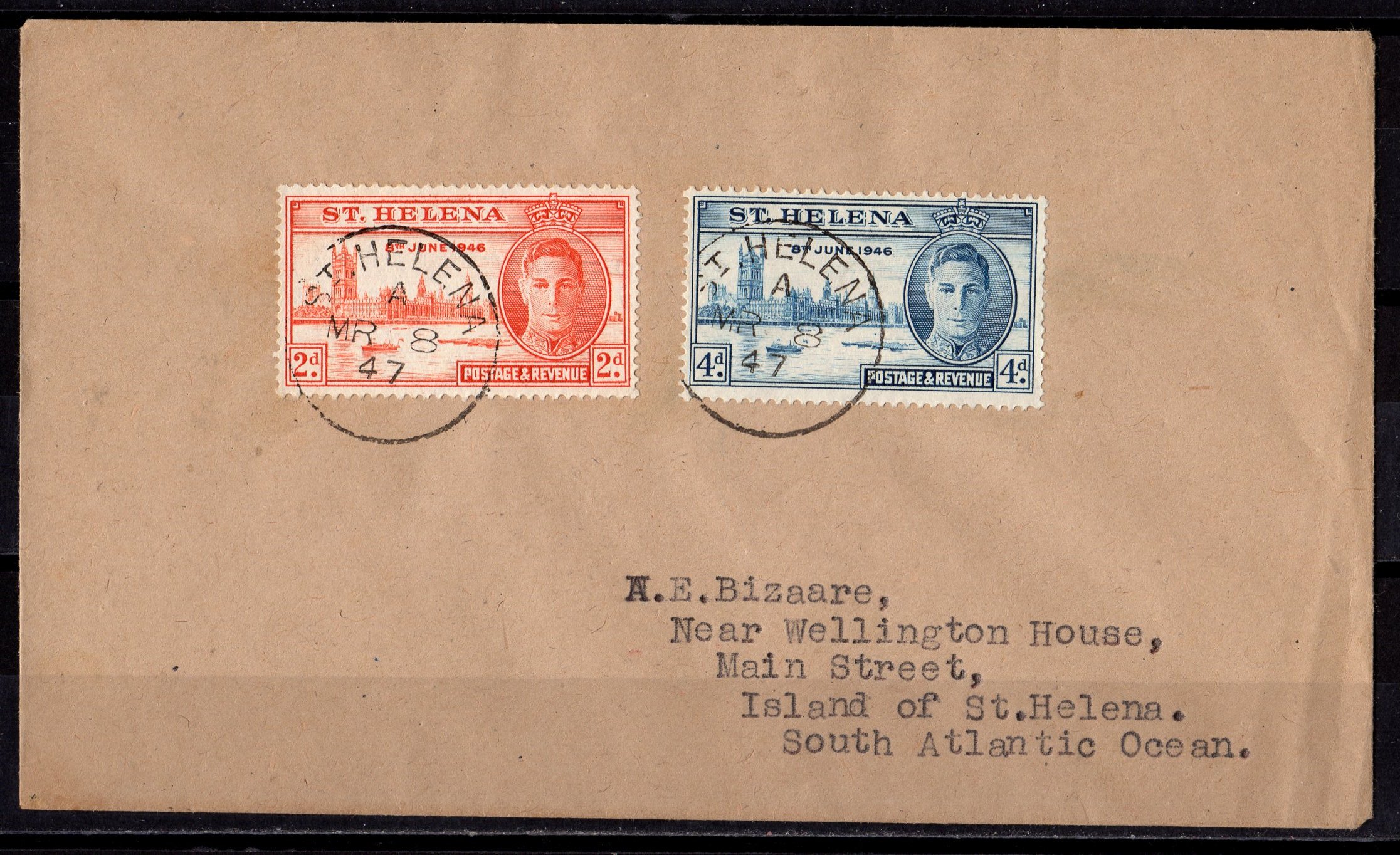 St.Helena 1947 Sc#128/129 PEACE-ROYALTY Letter to St.Helena Postal ...