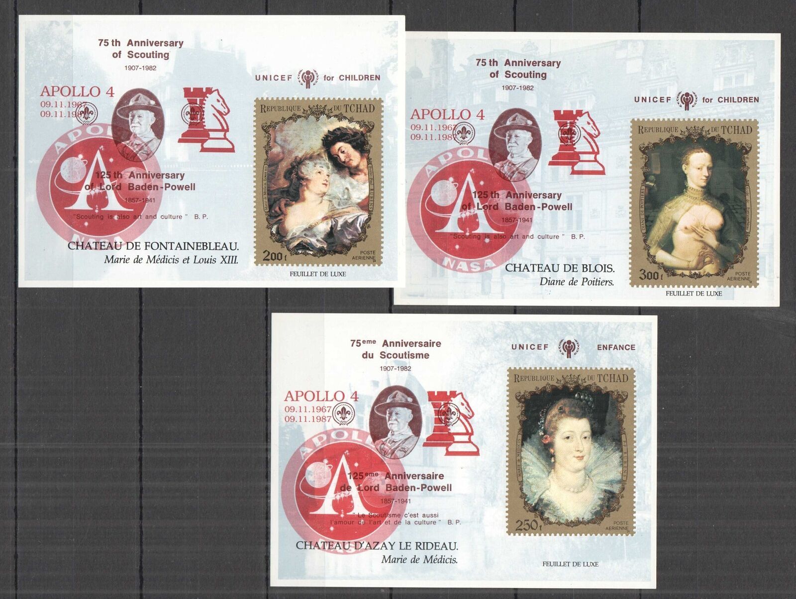 O0794 Chad Art Paintings Scouting !!! Rare Red Overprint Apollo 4 Chess ...