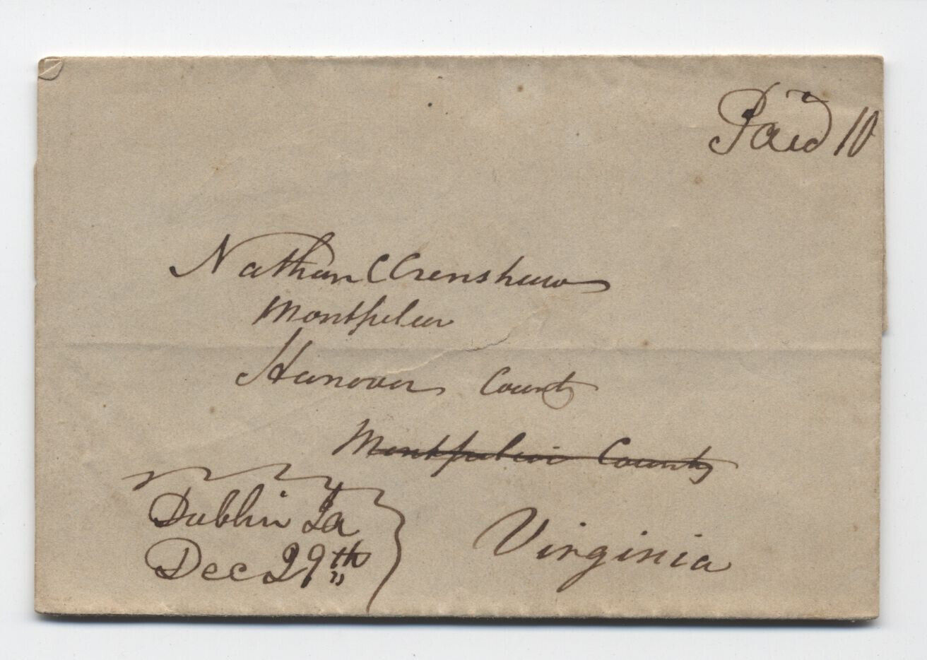 1845 Dublin PA manuscript stamples folded letter to VA [H.3622 ...