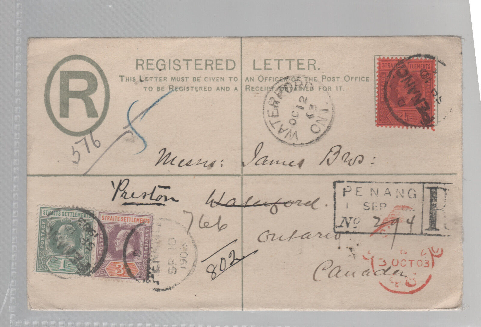 STRAITS SETTLEMENTS registered letter 1903 RPO backstamps to Ontario ...