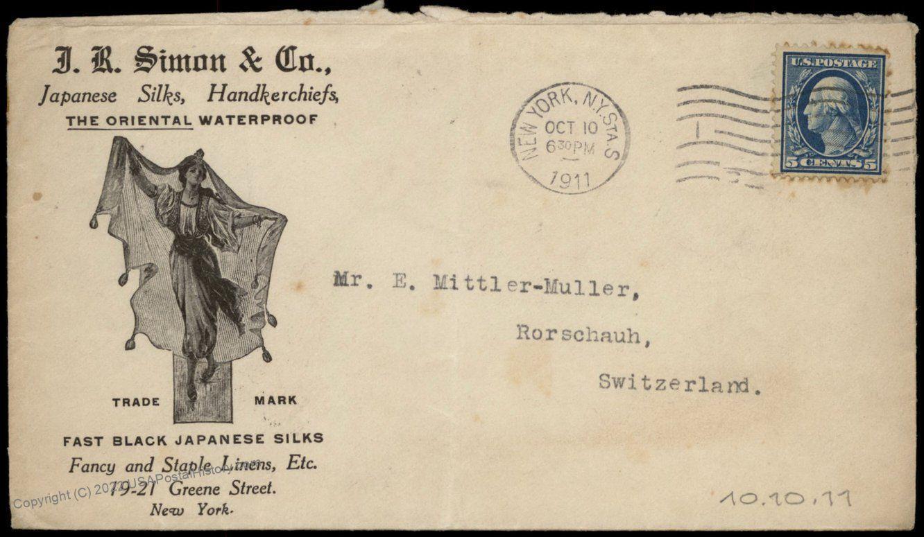 USA 1911 Switzerland JR Simon Japan Silks 5c Washington Cover 81894 ...
