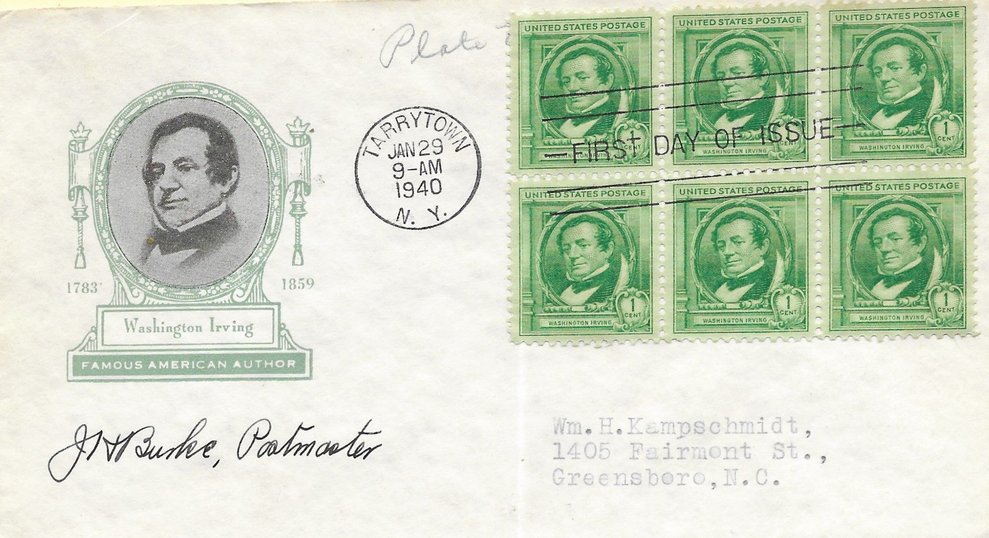 1940 FDC, #859, 1c Washington Irving, Ioor, block of 6 | United States ...