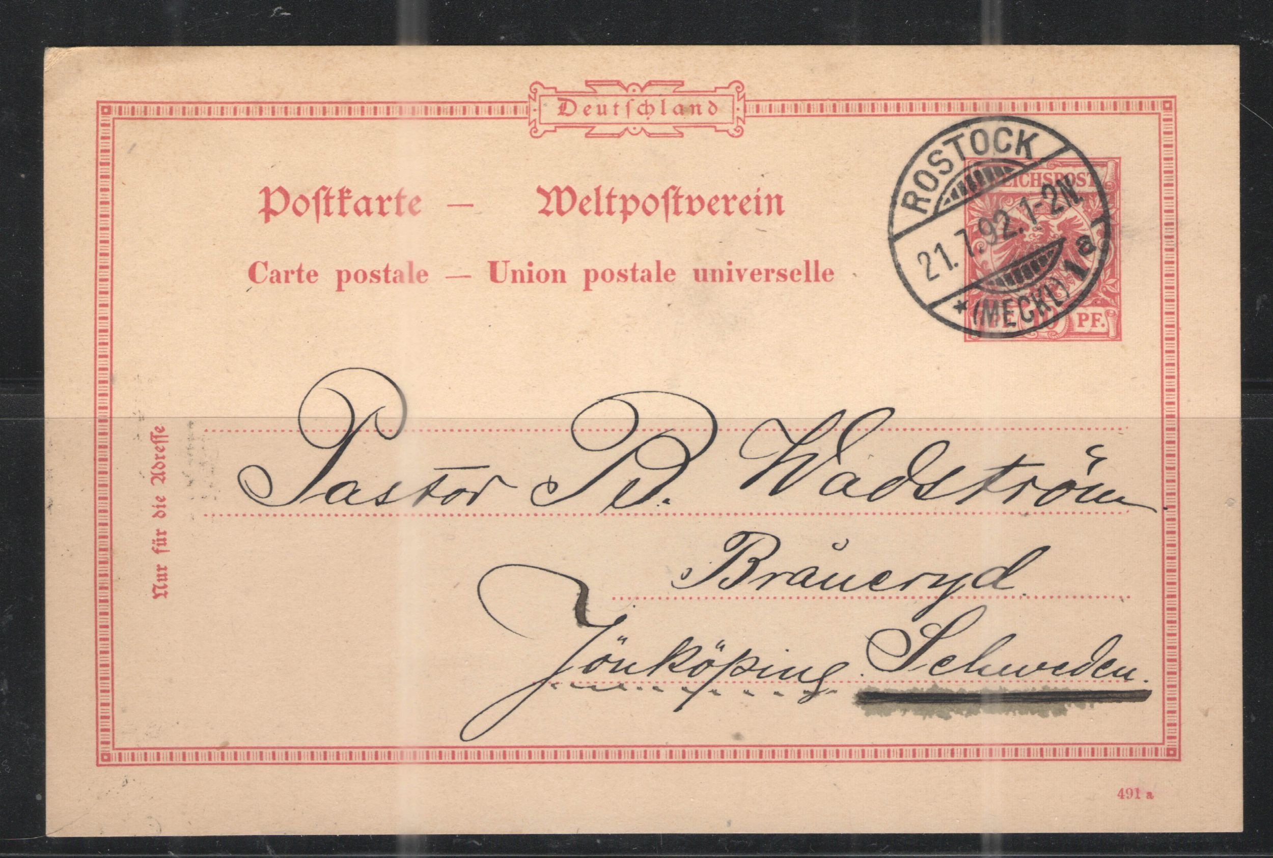 Germany -Empire 1892 Postcard from Rostock to Sweden - Used VG | Europe ...