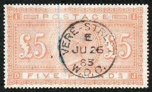 SG133 FIVE POUND ORANGE on BLUED Paper 1883 CDS Vertical Crease Cat ...