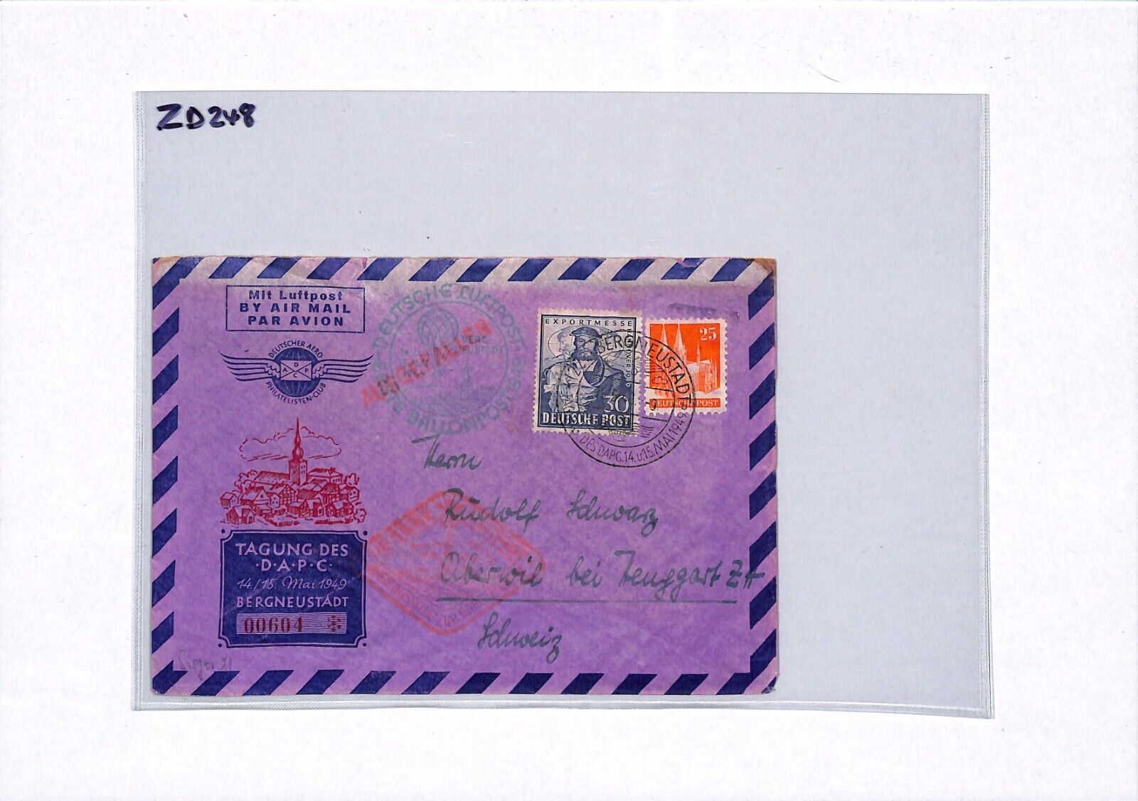 GERMANY Air Mail BALLOON-POST Bergneustadt Switzerland Cover 1948 ZD248 ...