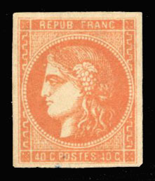 France, 1850-1900 #59 Cat$160, 1870 40c orange, unused without gum ...