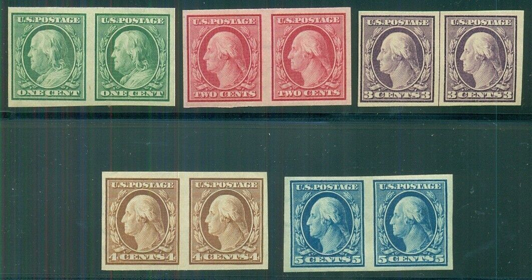 US #343-7, 1¢ - 5¢ Complete set IMPERF PAIRS, og, NH/LH, Scott $221.50 ...