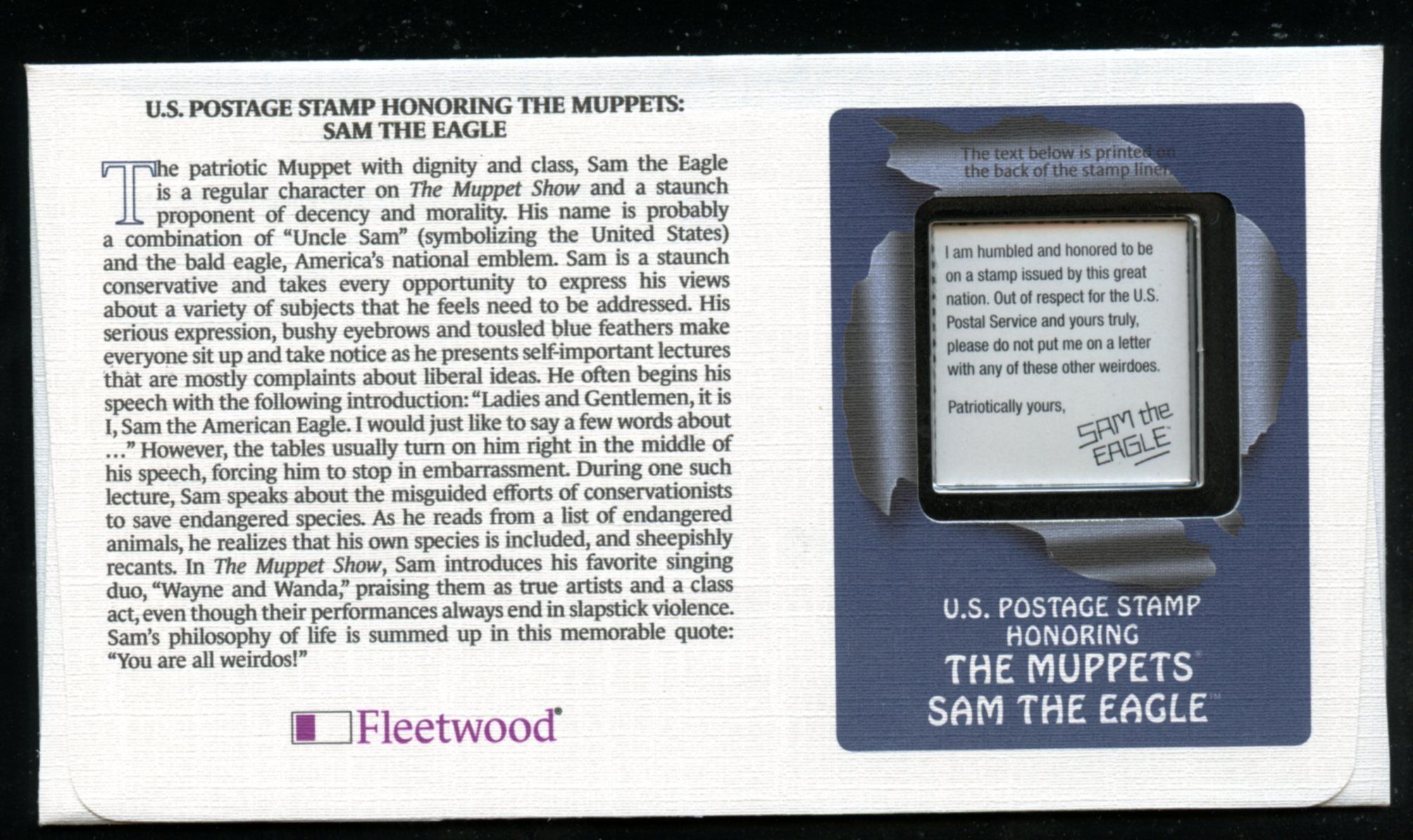 US 3944c Jim Henson Muppets Sam The Eagle UA Fleetwood cachet FDC combo ...