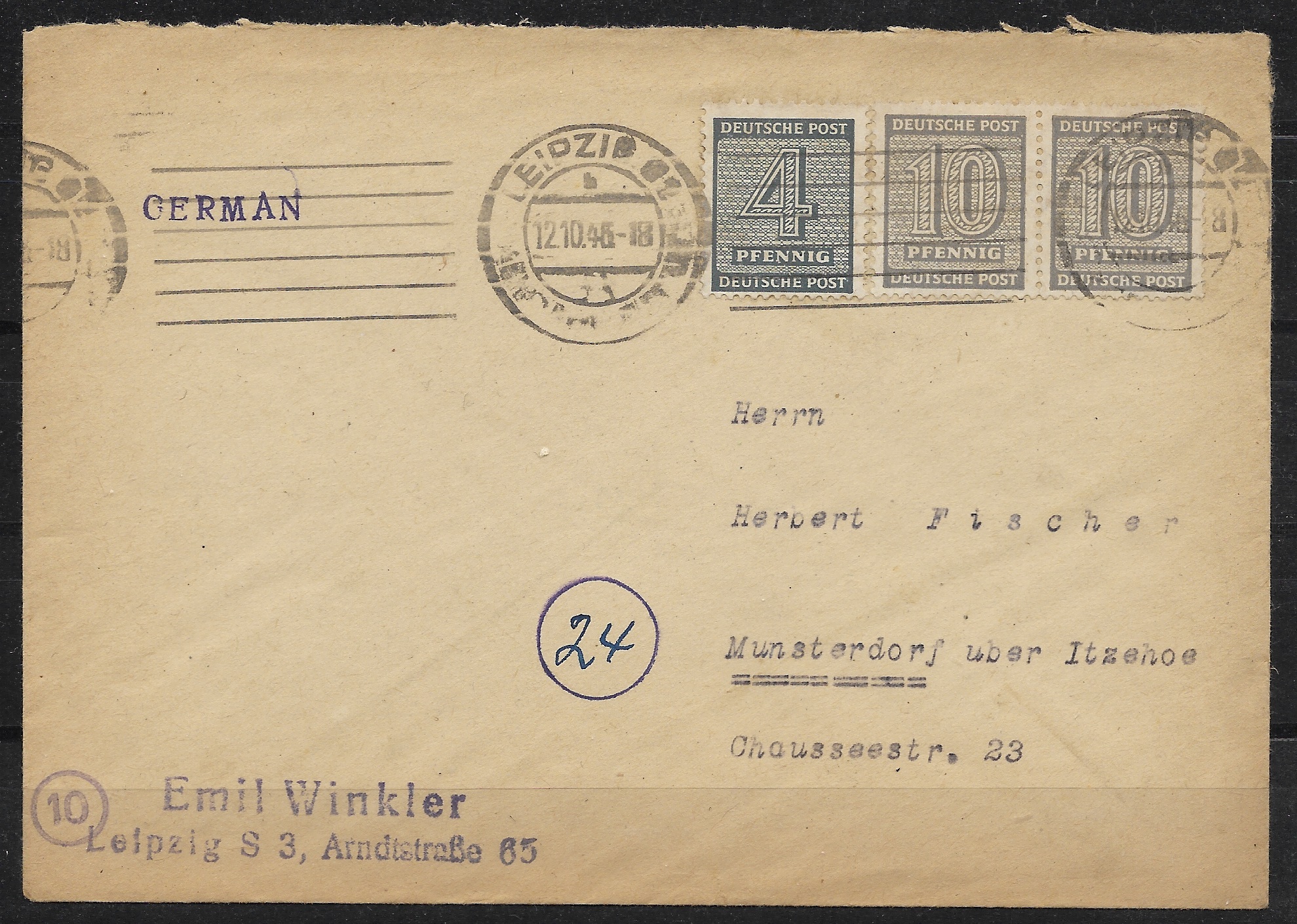 Soviet Zone: 1946 Nice Correct Postage Cover 1946 Western Saxony ...