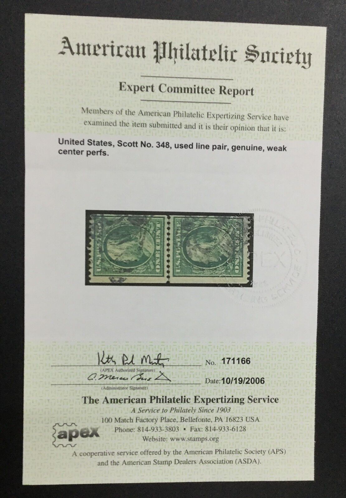 US Stamps #348 Coil Line Pair Used APS Cert LOT #77554 | United States ...