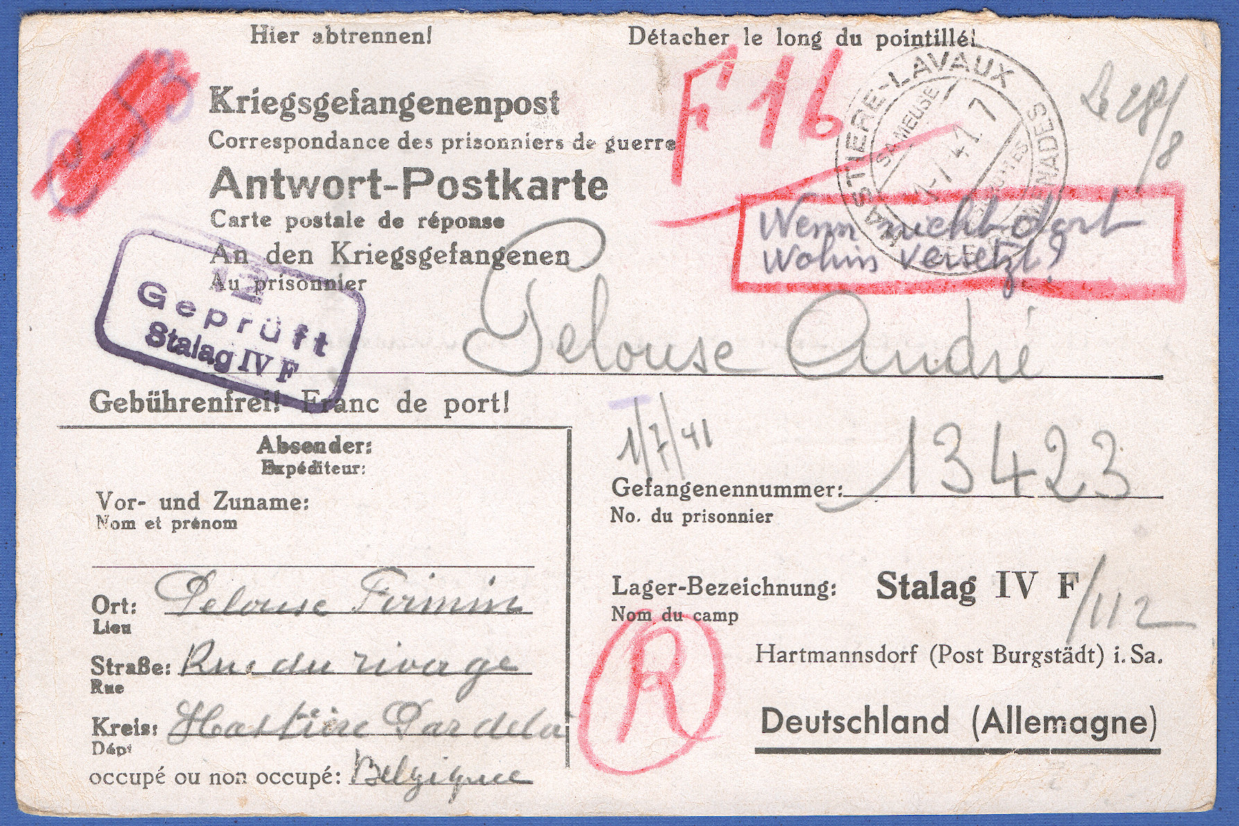 BELGIUM-GERMANY 1941 WWII POW Censored post card, STALAG IV F | Europe ...