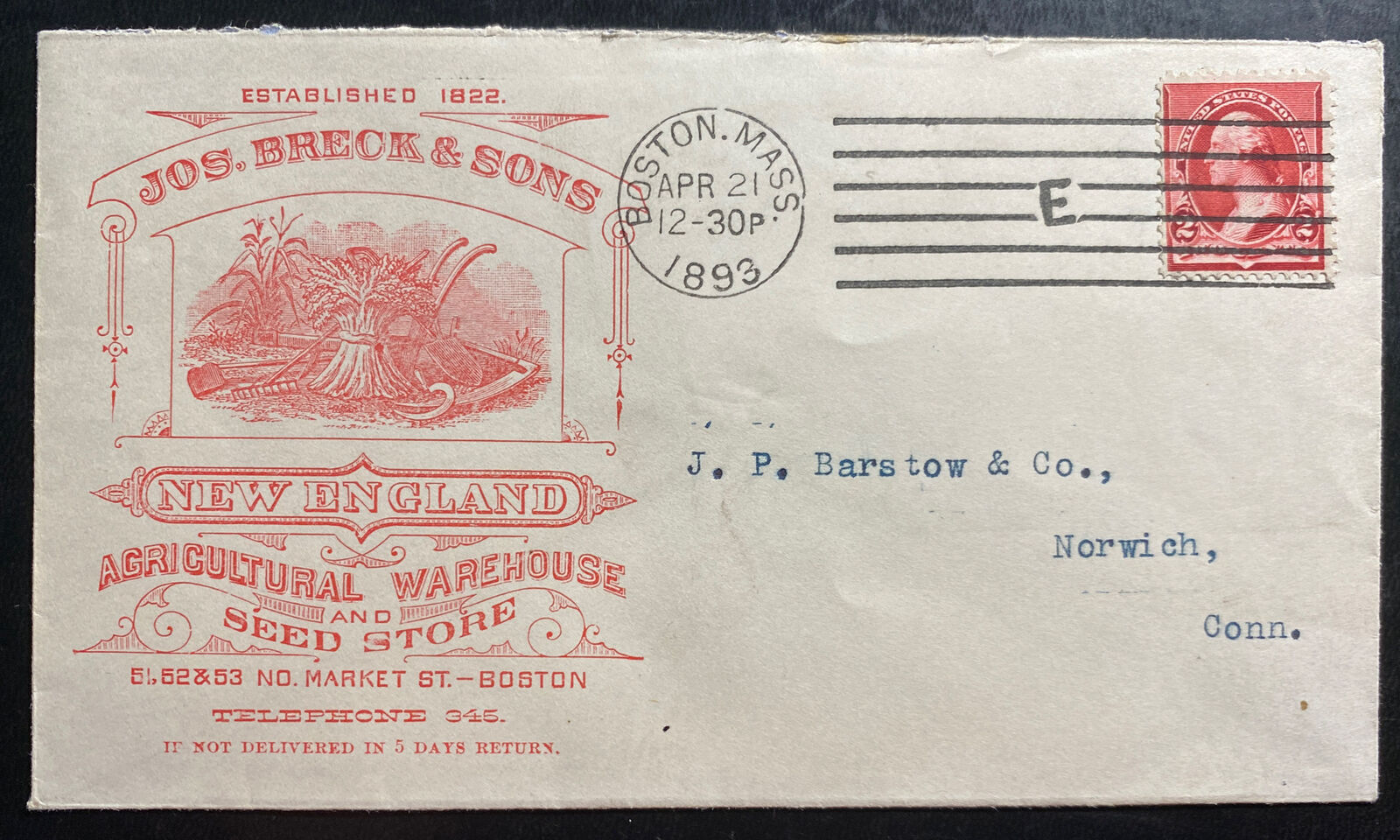 1893 Boston MA USA Advertising Cover To Norwich CT Agricultura ...