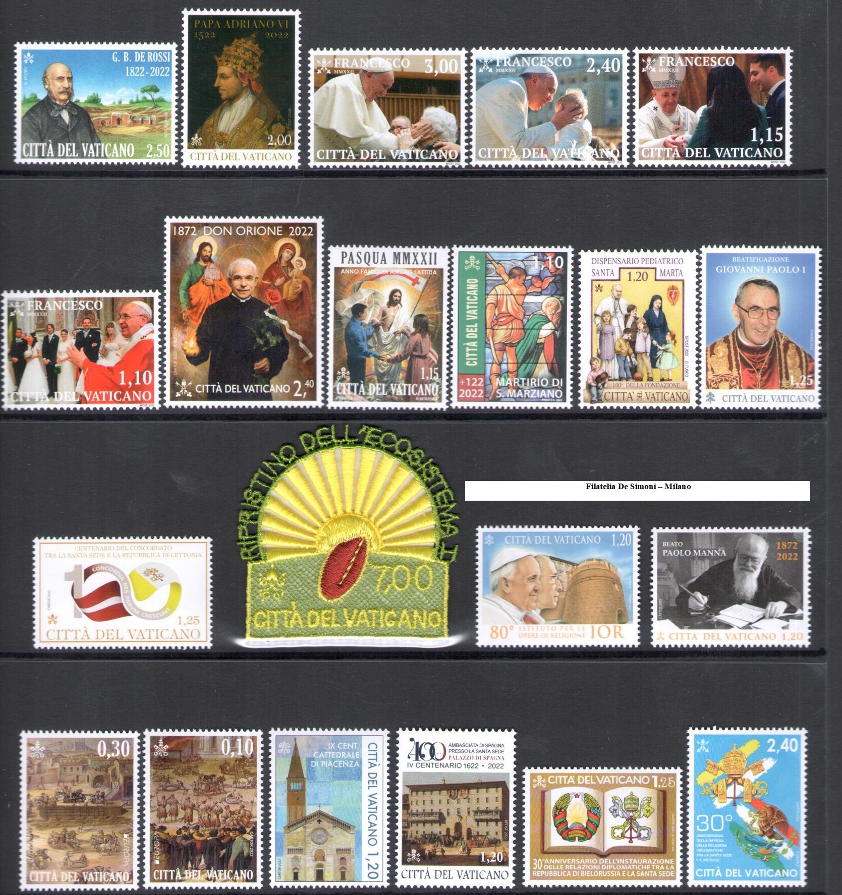 2022 Vatican, Year Set 24 values + 5 Sheets +1 Holy Christmas booklet ...