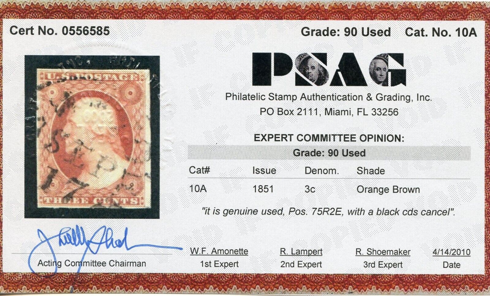 US Scott #10A Used-Xf Graded 90 W/ Psag Cert SMQ $375 (3/15/23 GP ...