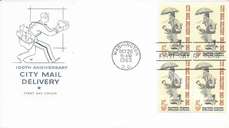 1963 FDC, #1238, 5c City Mail Delivery, House of Farnam, block of 4 ...
