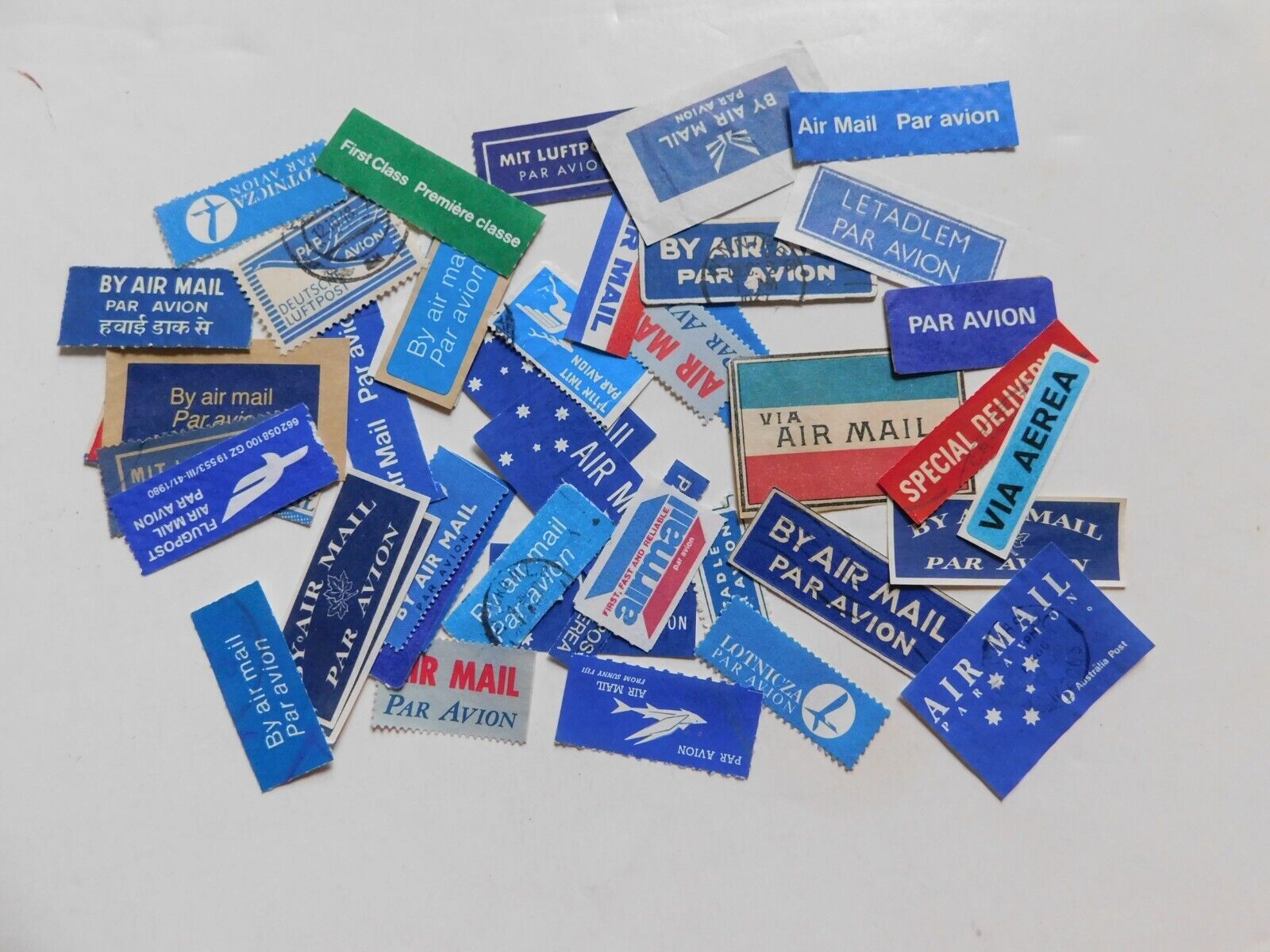 Airmail Stickers, 35+, many different sizes and types, some dups ...