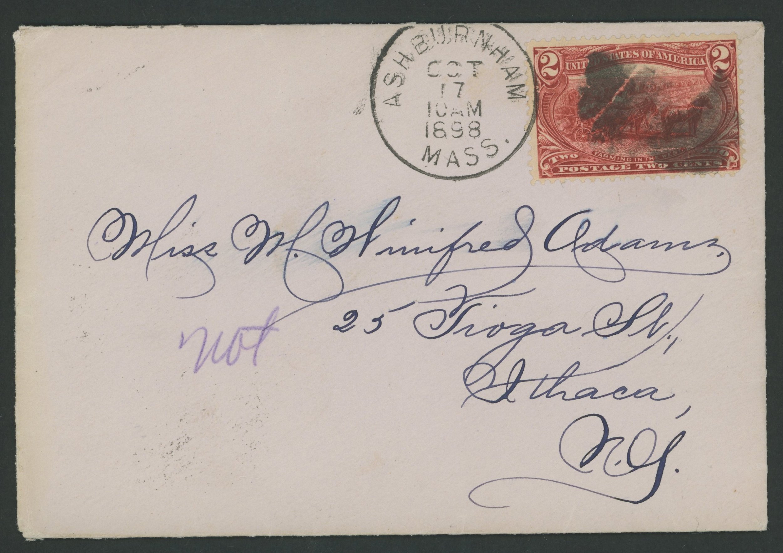USA 286 - 2 cent Trans Miss on 1898 cover from Ashburnham, MA to Ithaca ...