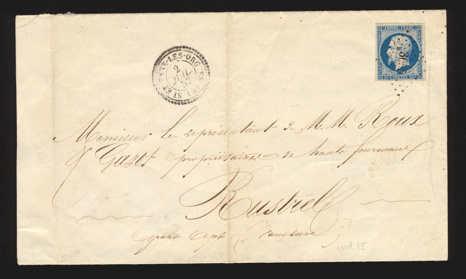 France 1857 20c Imperf on FL ST. Etienne LES Orgues #3055 to Rustrel W ...