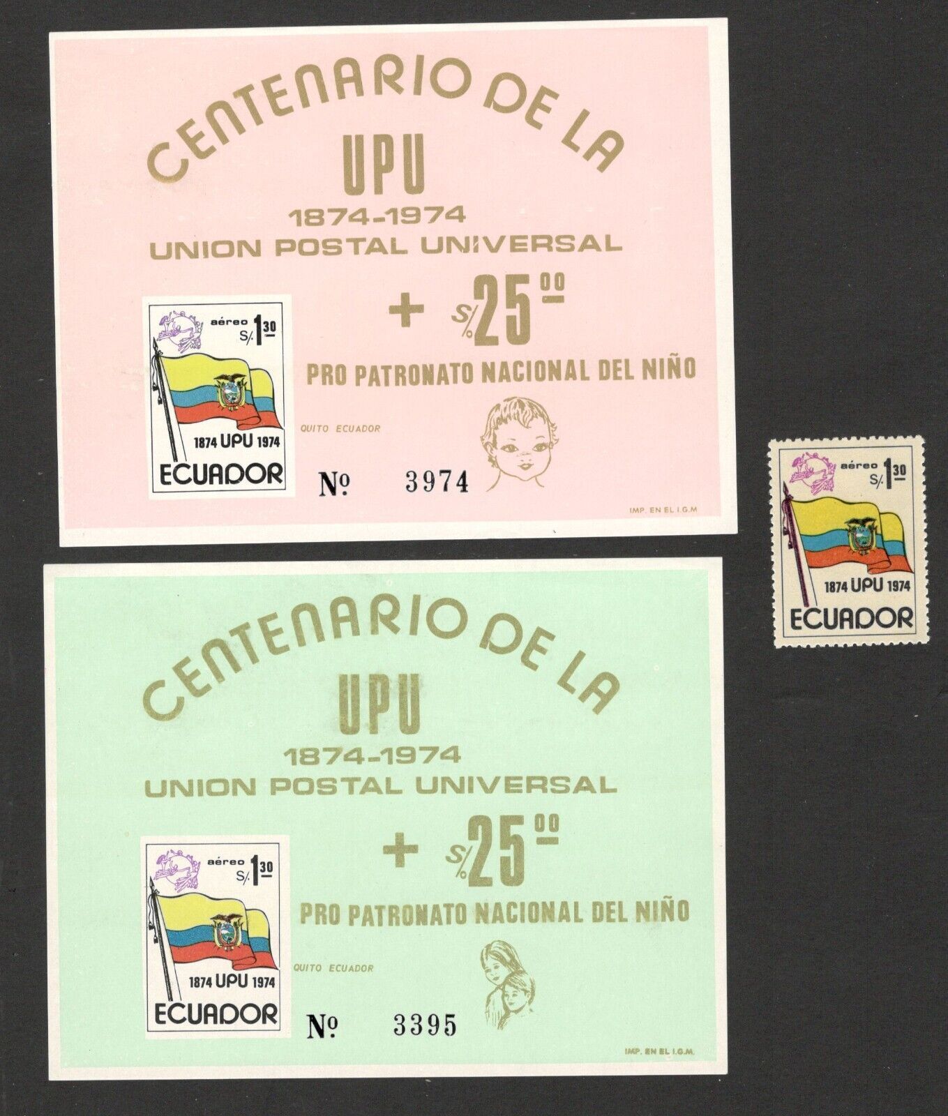 Ecuador - 2 MNH Blocks + Stamp - Universal Postal Union, UPU -1974 ...