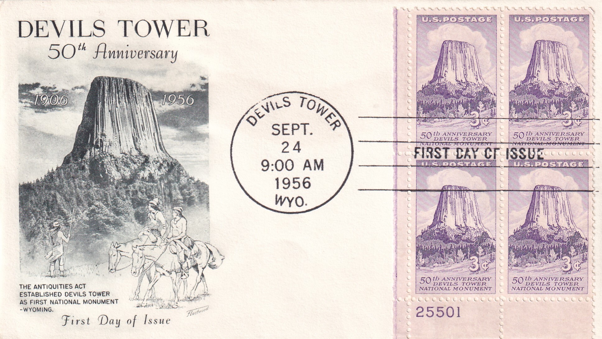 1956, 50th Anniv. Devil's Tower, Block/4, Fleetwood, FDC (E13193 ...