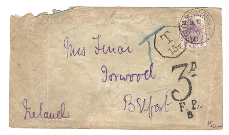 Orange Free State 1900 Underpaid cover to Belfast franked VRI 1d ovpt ...