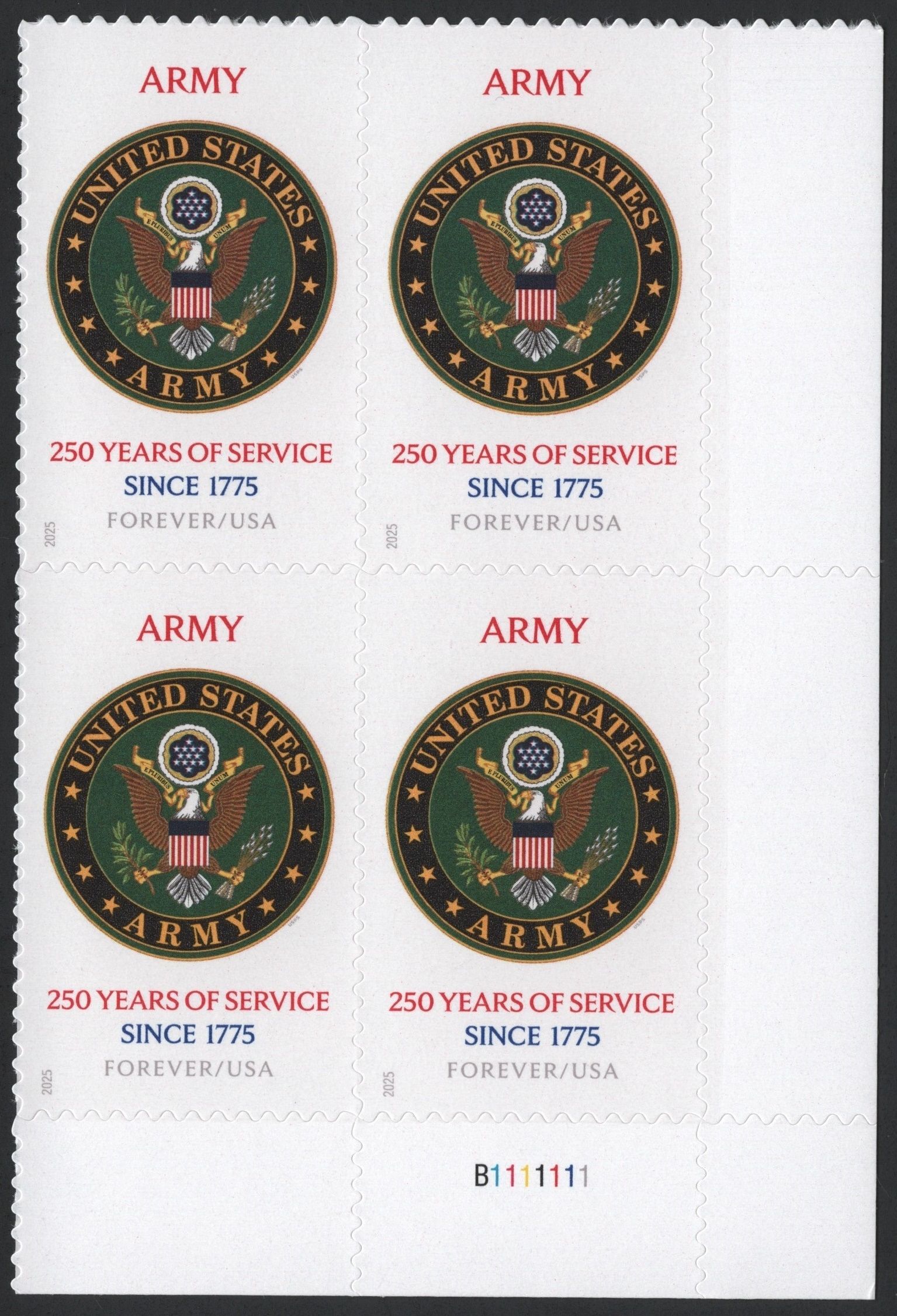 NEW ISSUE (Forever) U. S. Army 250th Anniversary Plate Block (2025) SA ...