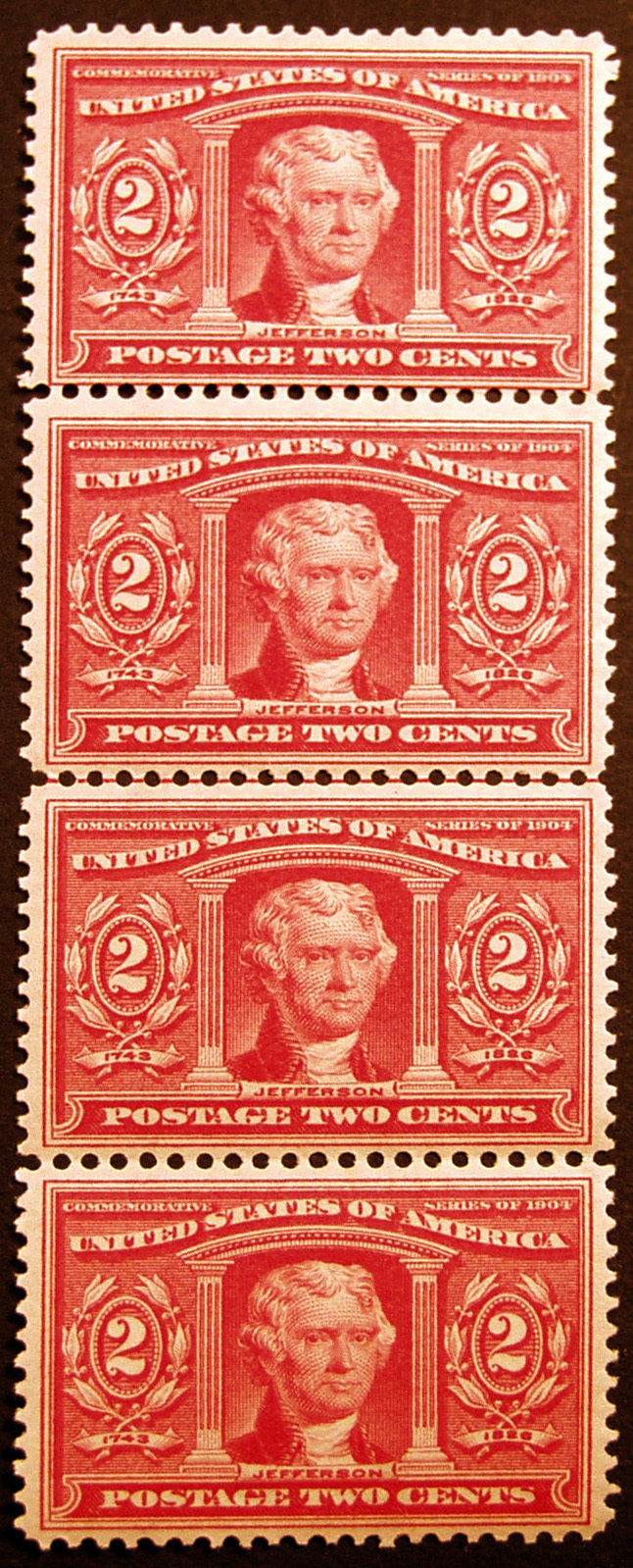 #324 2c Carmine 1904 VF Vertical Center Line Strip of 4 Mint OG ...