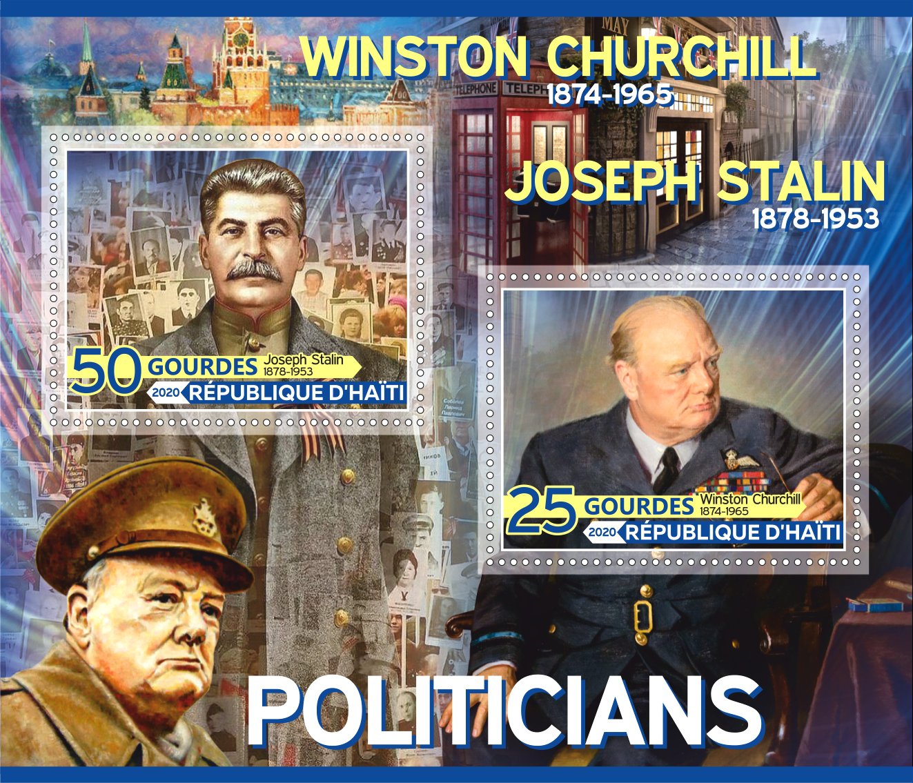 Stamps. Famous people. Winston Churchill 2020 year 1+1 sheets ...