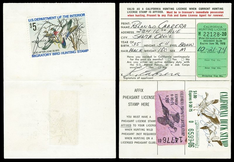 Scott RW41, CA4 1974 Duck Stamps Used on a California Hunting License ...