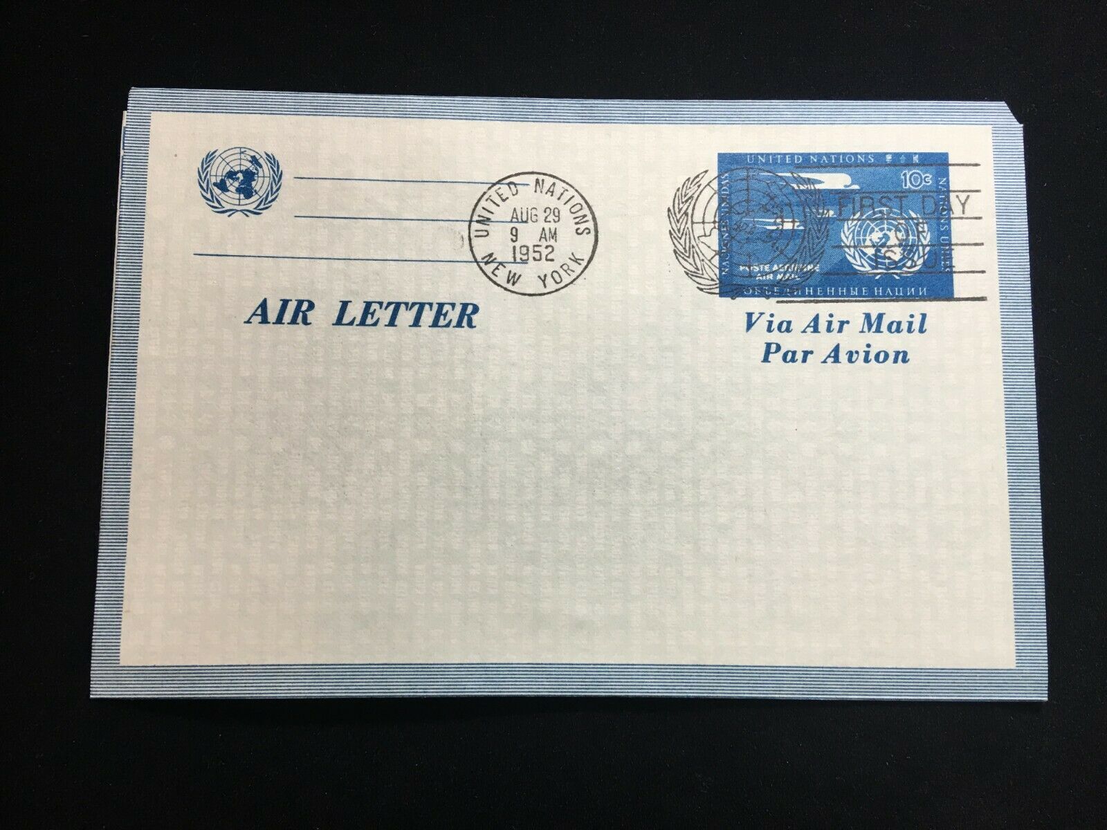 United Nations, UC1, 10 Cent, Air Letter, FDC, No Cachet, 1952 ...
