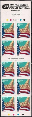 #3278J 33 cent Flag over City, Pane Stamp Mint OG NH XF | United States ...