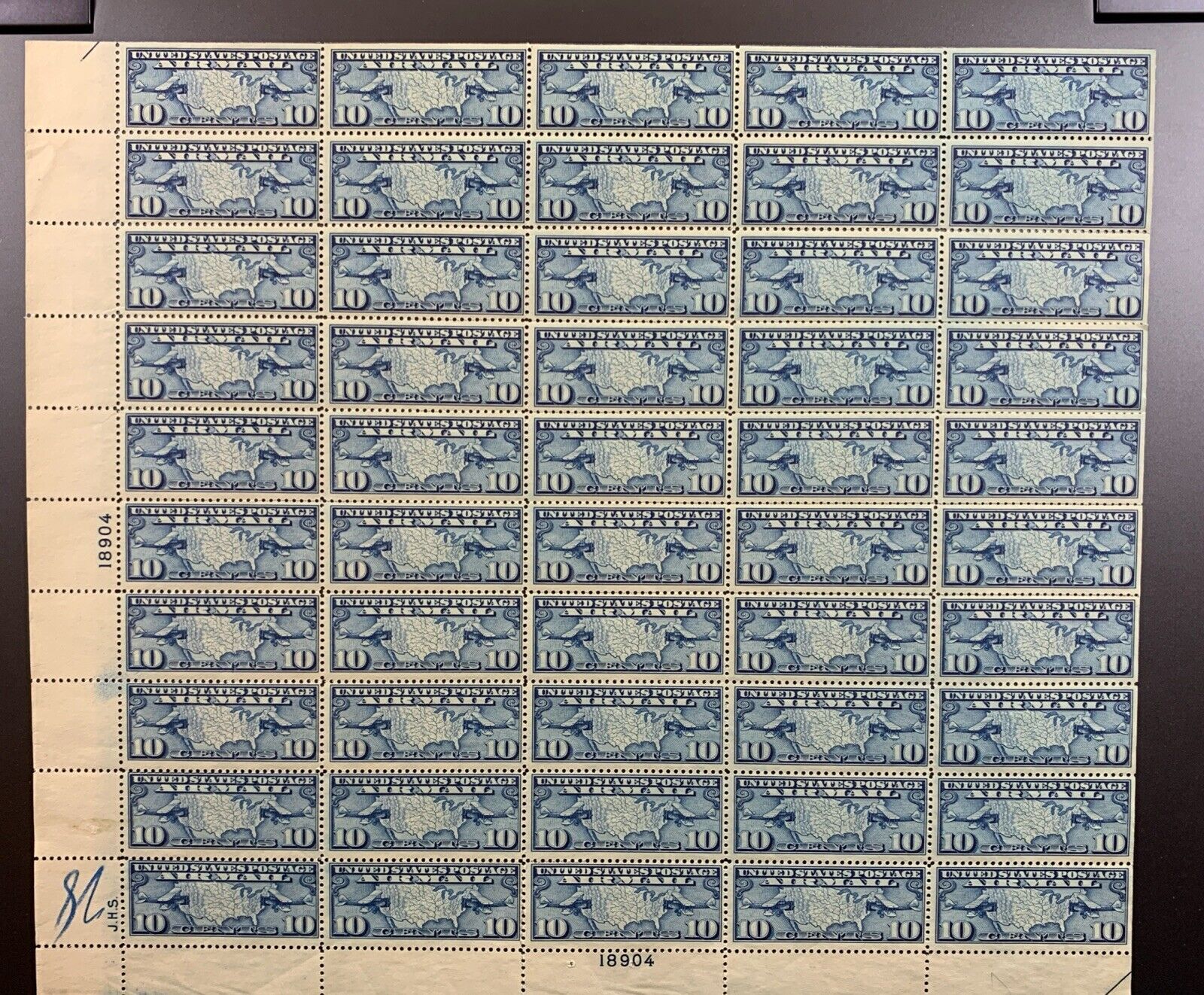 C7 MAP AND BIPLANES Sheet of 50 US Airmail 10¢ Stamps NH 1926 Selvage ...
