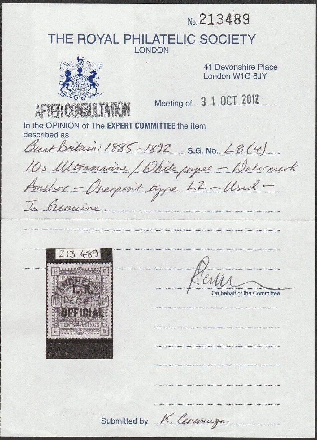 GREAT BRITAIN 1882 I.R. OFFICIAL on QV 10/- white paper. with 2 ...