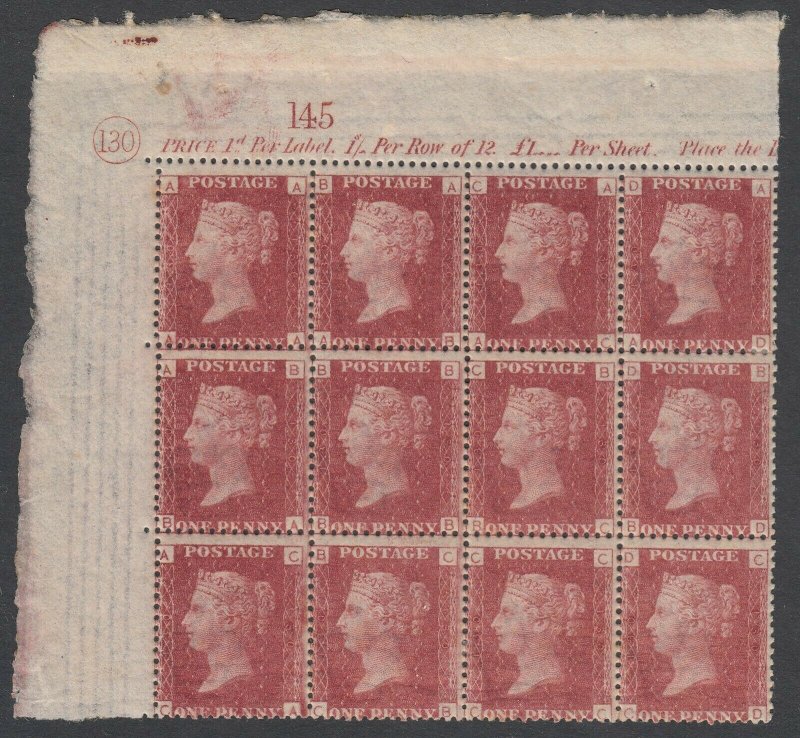 SG 43 Great Britain 1864-79. One penny red plate 130 upper left side ...