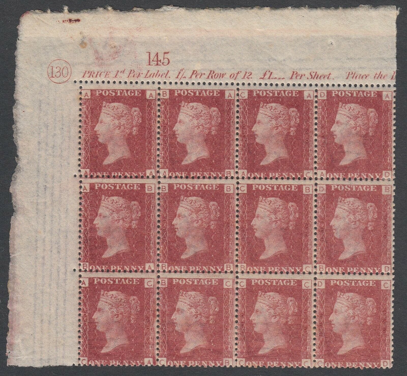 SG 43 Great Britain 1864-79. One penny red plate 130 upper left side ...