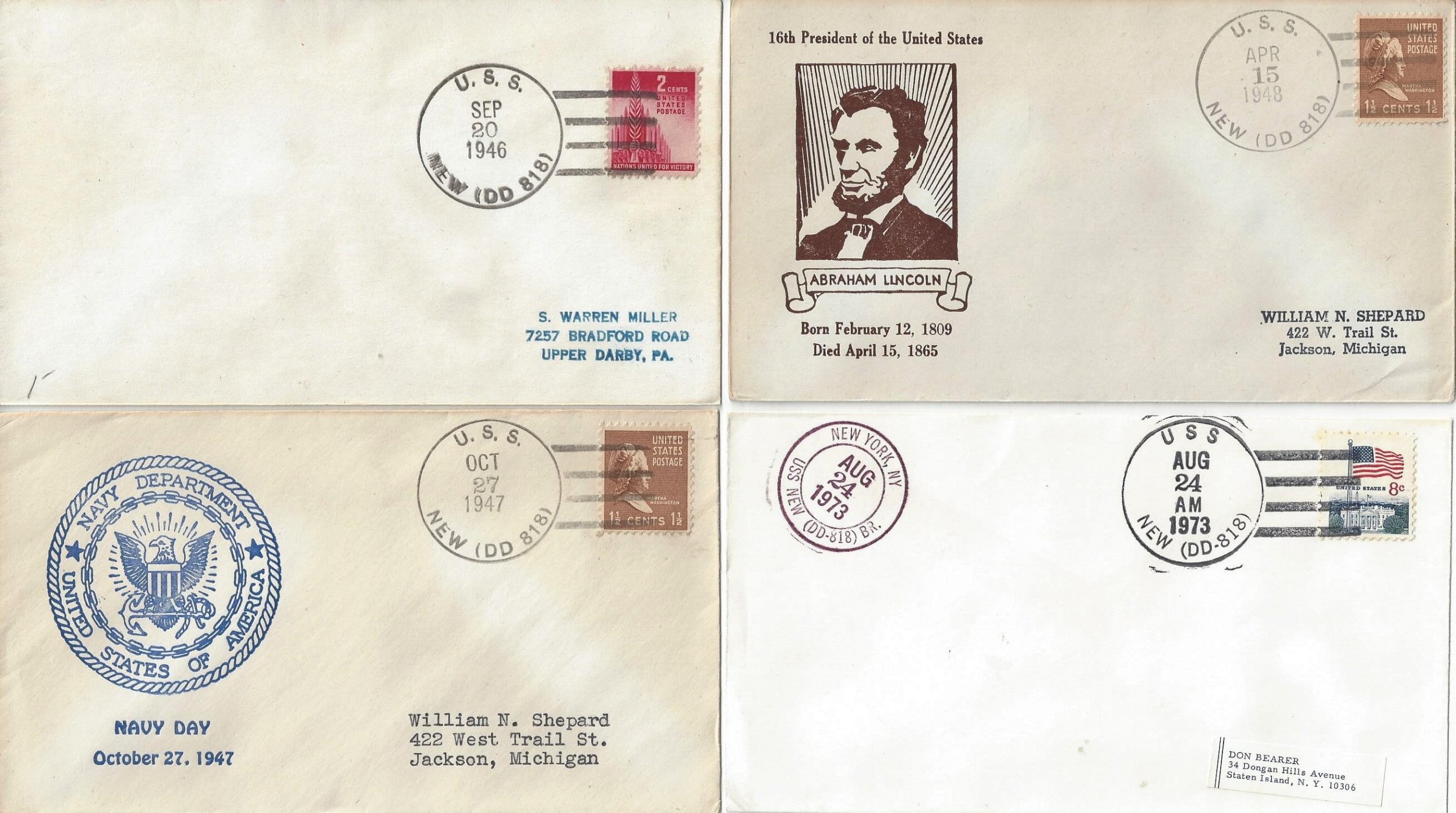 US Navy USS New DD 818 1946, 1947 Navy Day, 1948 Lincoln B'Day, 1973 ...