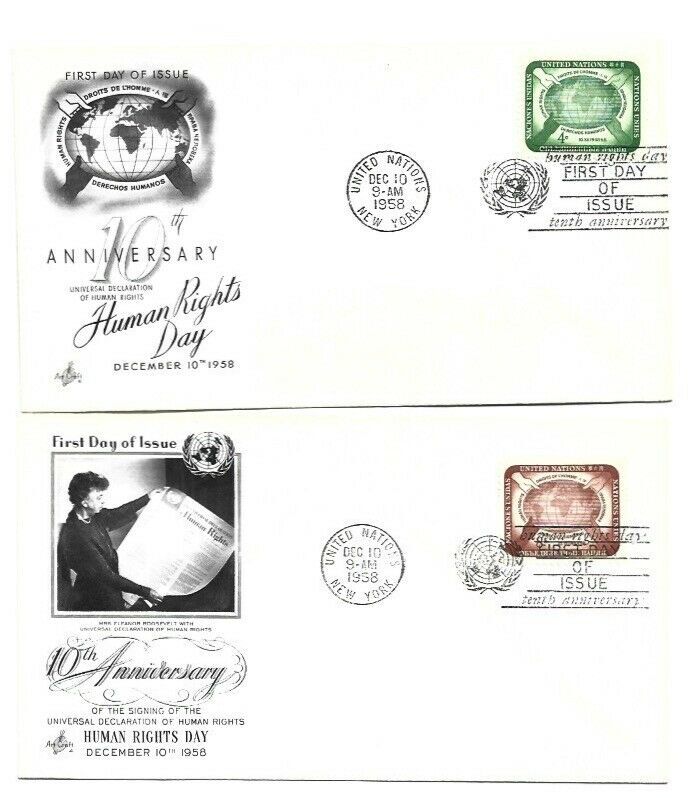 UN NY #67-68 10th Anniversary Human Rights Day 2 ArtCraft, reversed ...